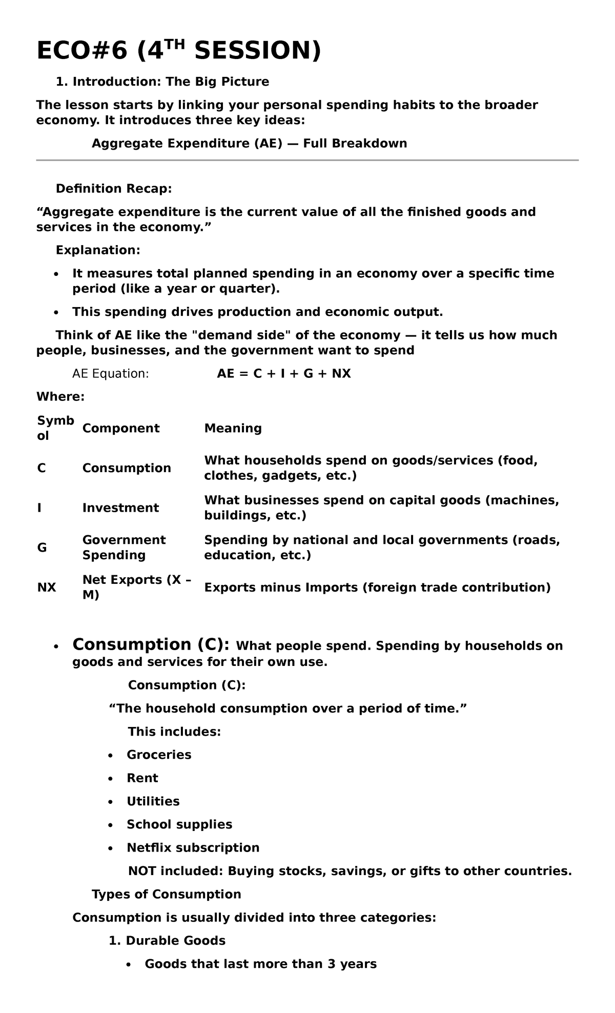 Eco007#6 - Lesson Notes on Aggregate Expenditure and Its Impact - Studocu
