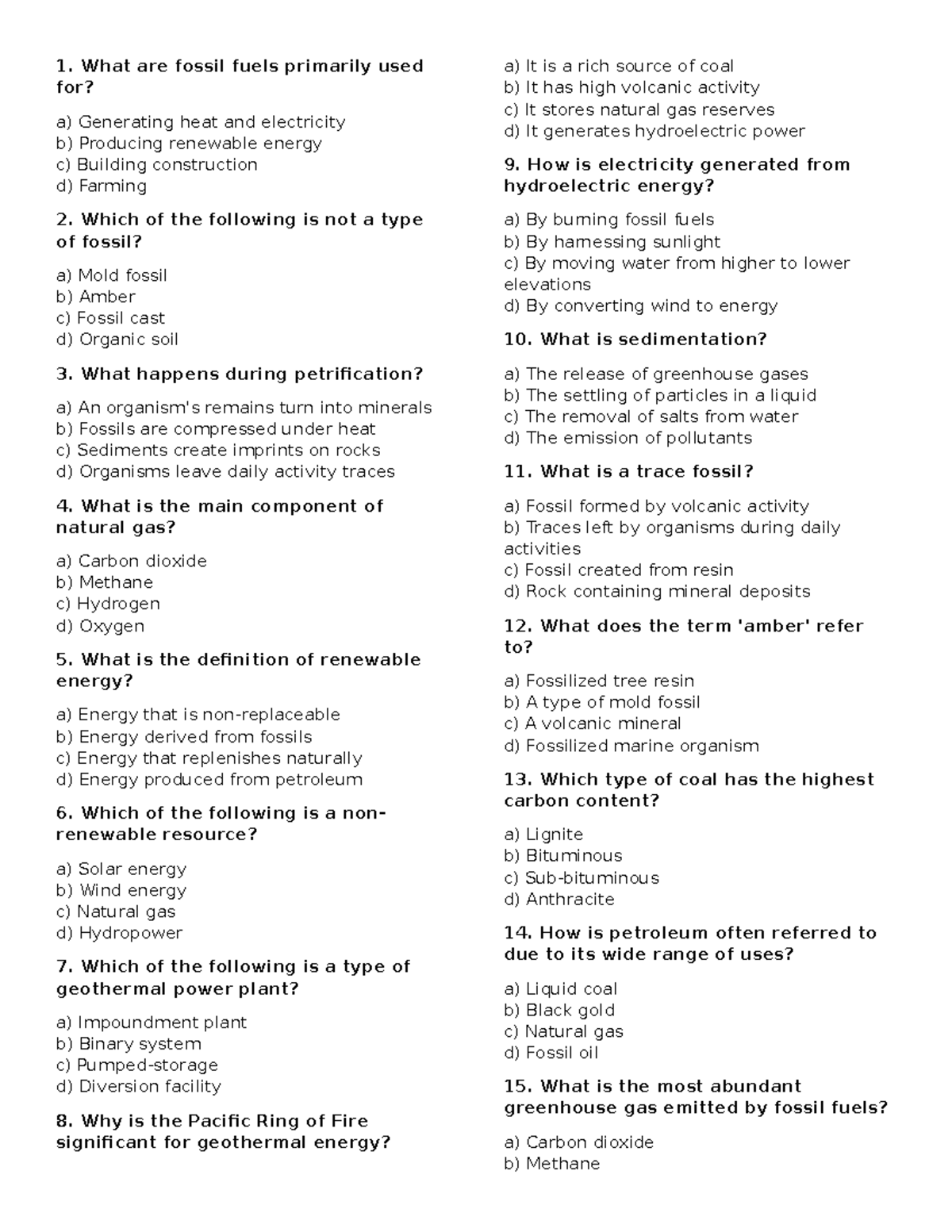 ES 101: Practice Questions on Fossil Fuels and Renewable Energy - Studocu