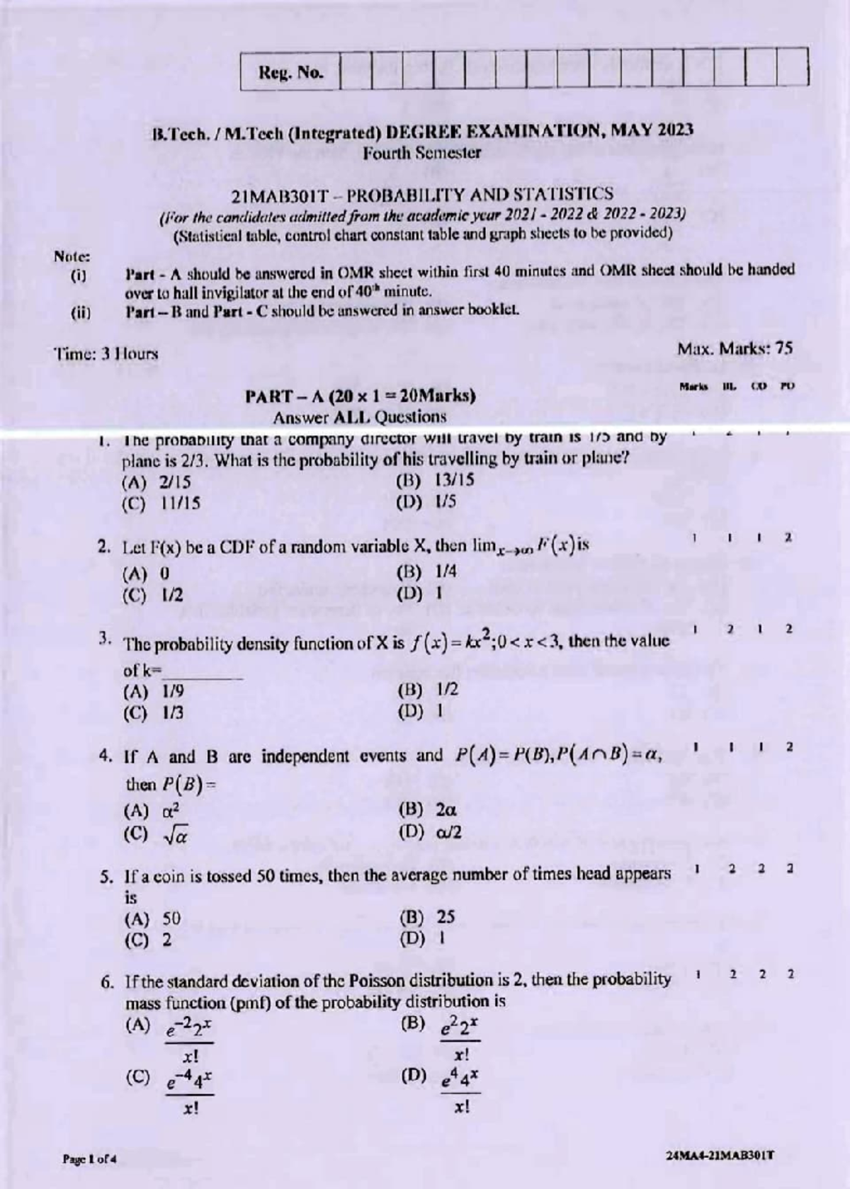 21MAB301T Probability and Statistics Previous Year Question Paper - Studocu