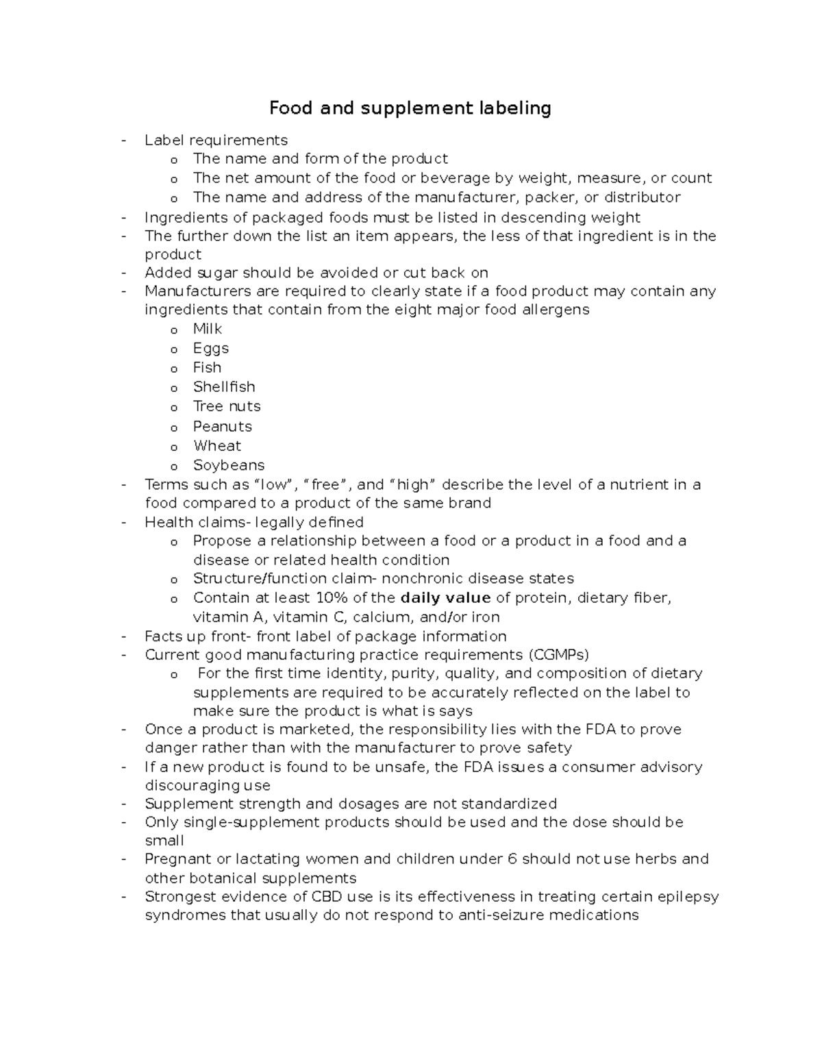 Nutrition Chapter 9: Food & Supplement Labeling Requirements - Studocu