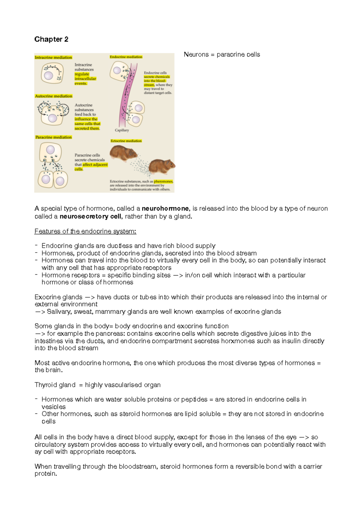 Endocrinology Chapter 2 Notes: Neurons, Hormones, and Glands - Studeersnel