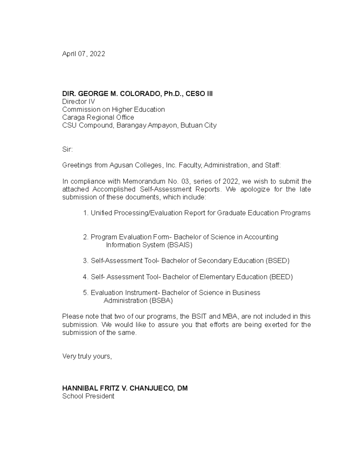CHED-Accomplished Self-Assessment Report Submission April 2022 - Studocu