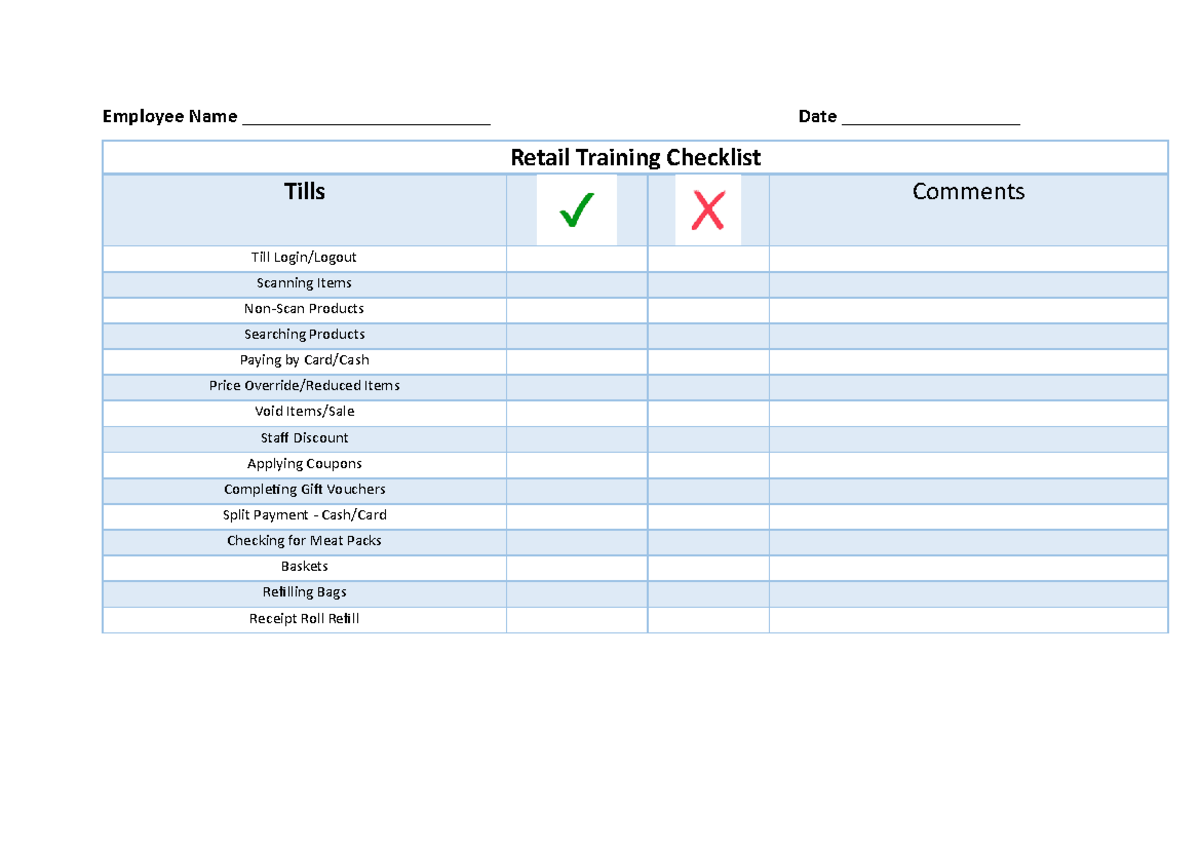 Retail Training Checklist - Employee Name ...