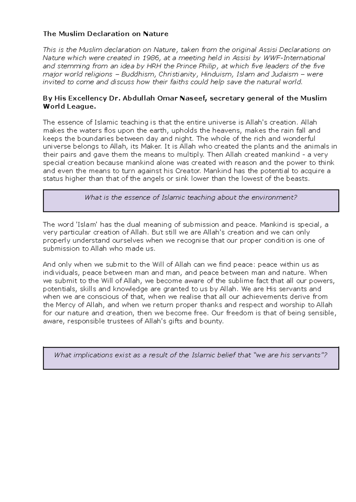 The Muslim Declaration on Nature: Ethics & Stewardship in Islam - Studocu