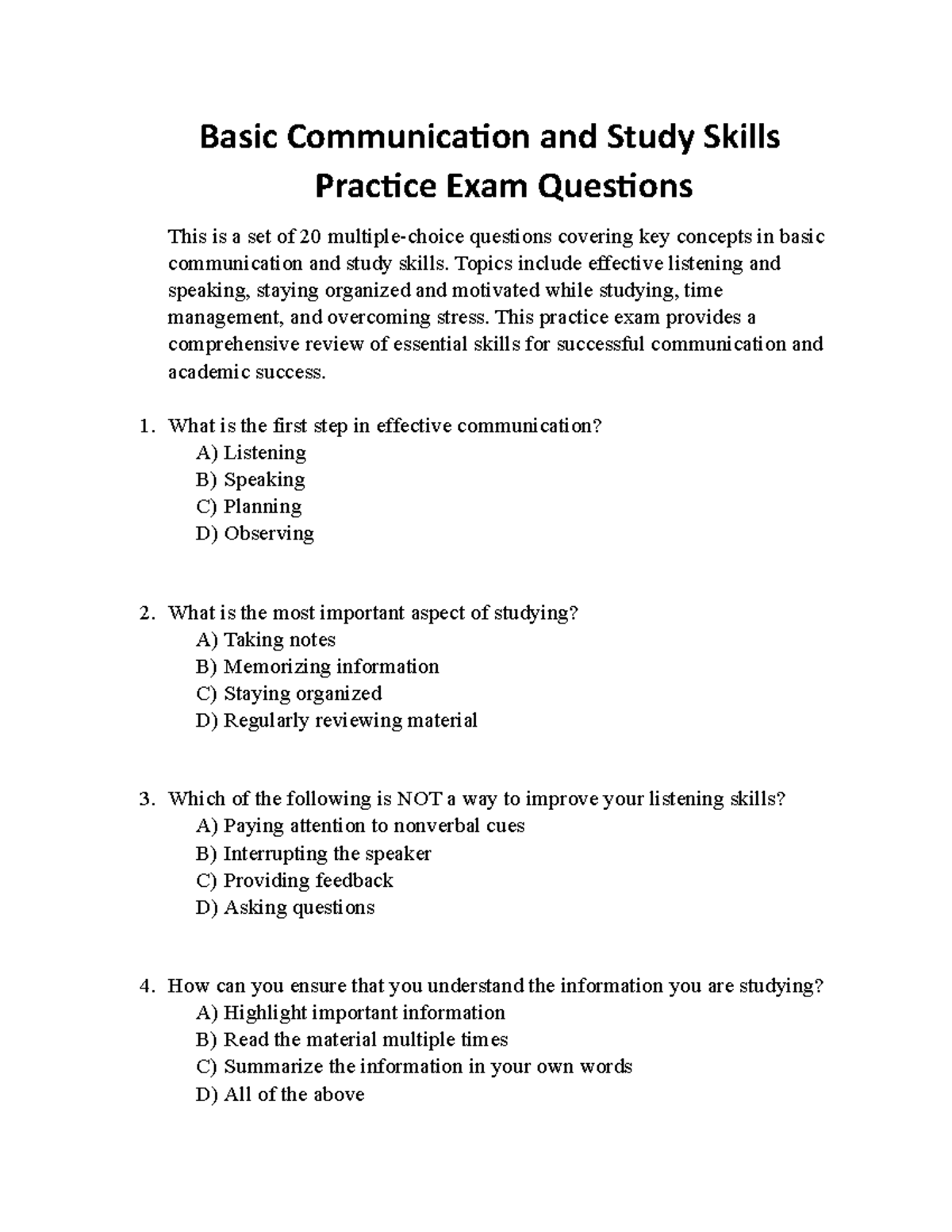 Basic Communication and Study Skills Practice Exam Questions - Topics ...