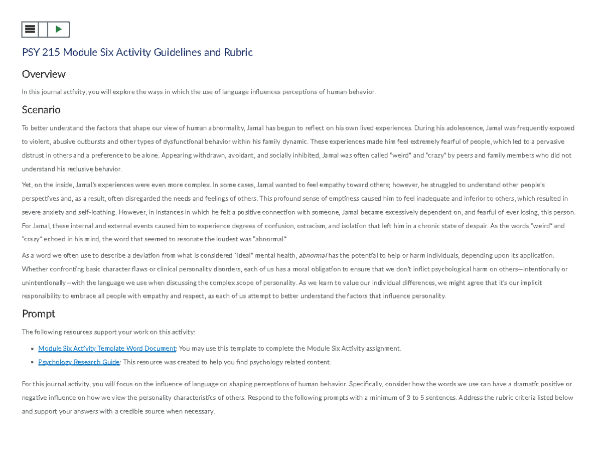 Module Six Activity Guidelines and Rubric - PSY-215-16536-M01 Abnormal ...