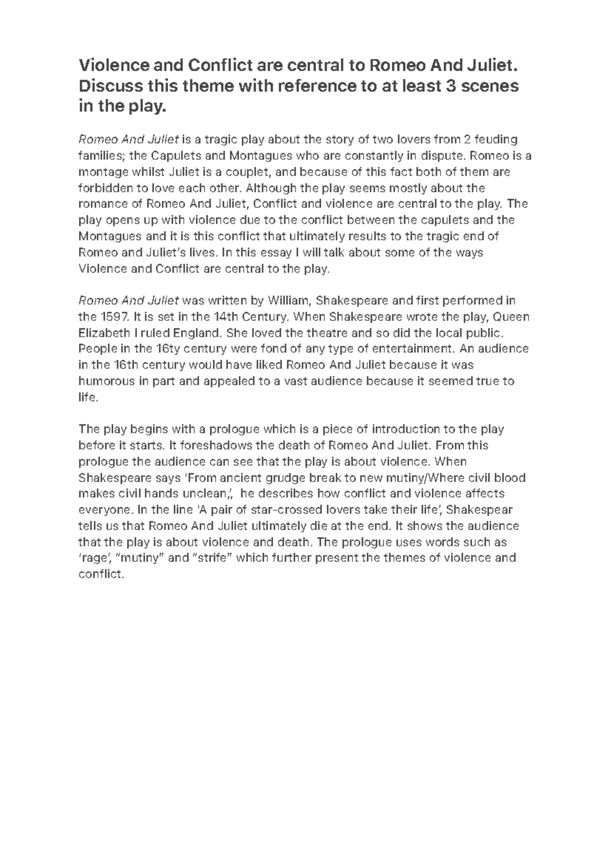 Violence and Conflict in Romeo and Juliet: A Thematic Analysis - Studocu