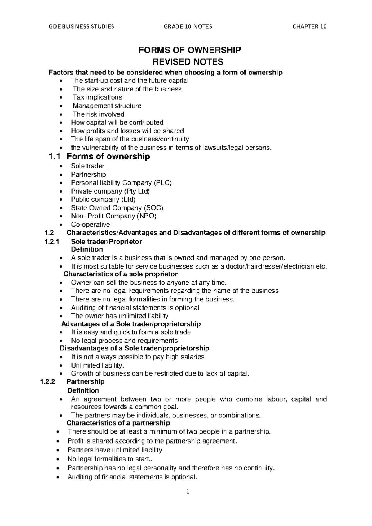 GDE BUSINESS STUDIES GRADE 10 NOTES CHAPTER 10: FORMS OF OWNERSHIP ...