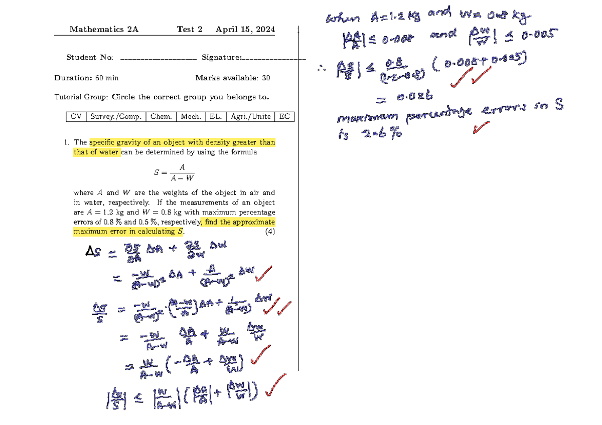 Mathematics 2A Test 2 practice material and solutions - Studocu