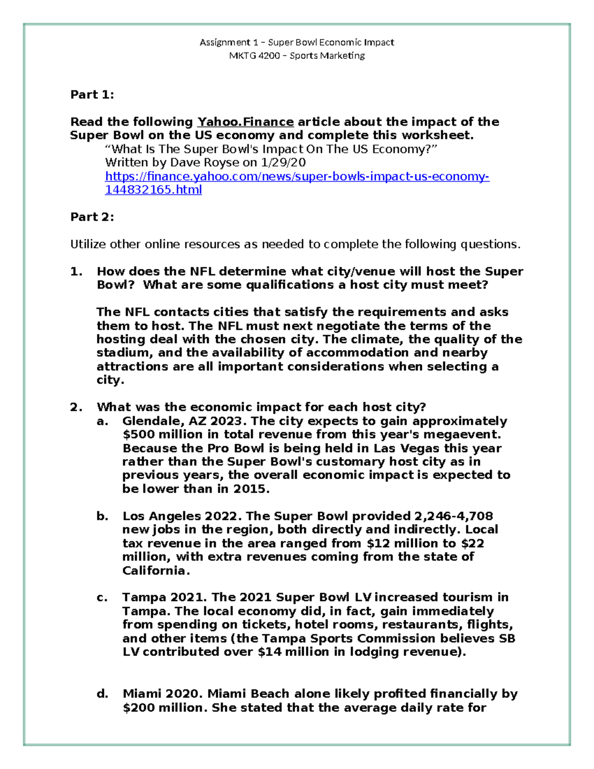 Assignment 2 - Super Bowl Impact on the Economy - Worksheet ...