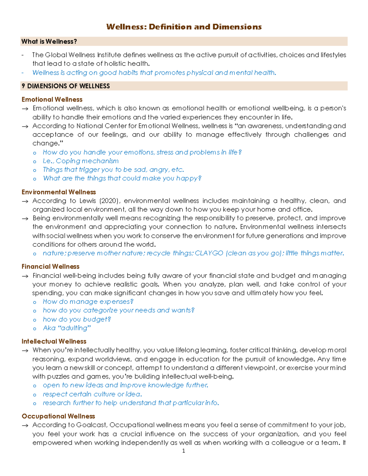 Wellness Dimensions: Exploring Emotional, Environmental, and More - Studocu