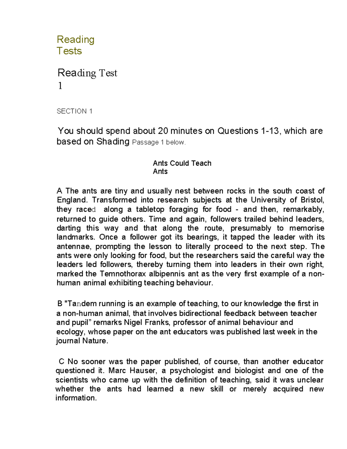 Reading Test 1: Ants, Climate, and Compliance Strategies - Studocu