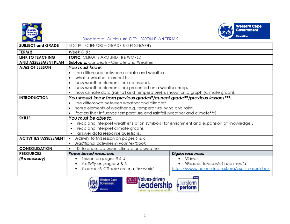Lesson Plan Gr 8 SS Geography T2 Weeks 6 to 8: Climate and Weather ...