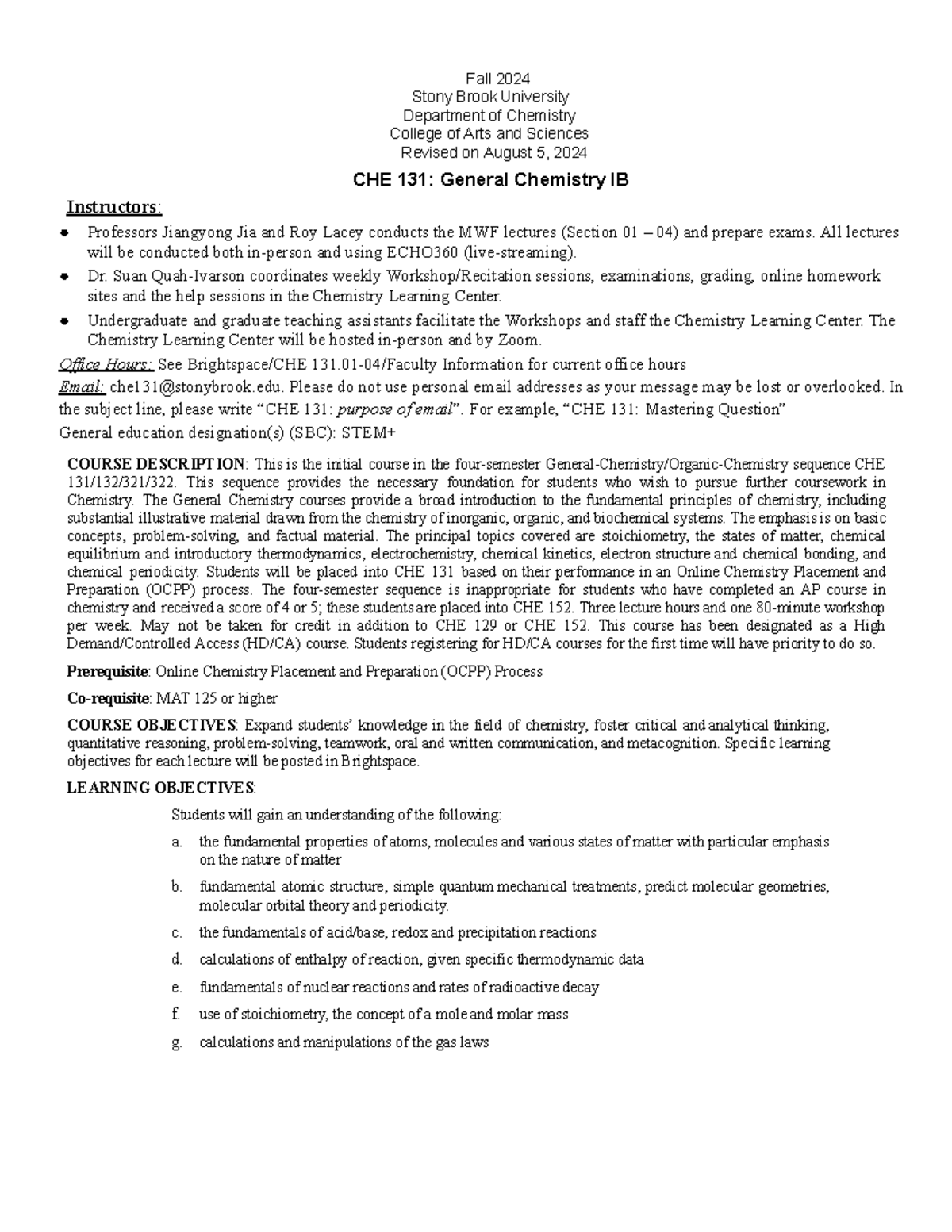 CHE 131 General Chemistry IB Syllabus - Fall 2024 Edition - Studocu