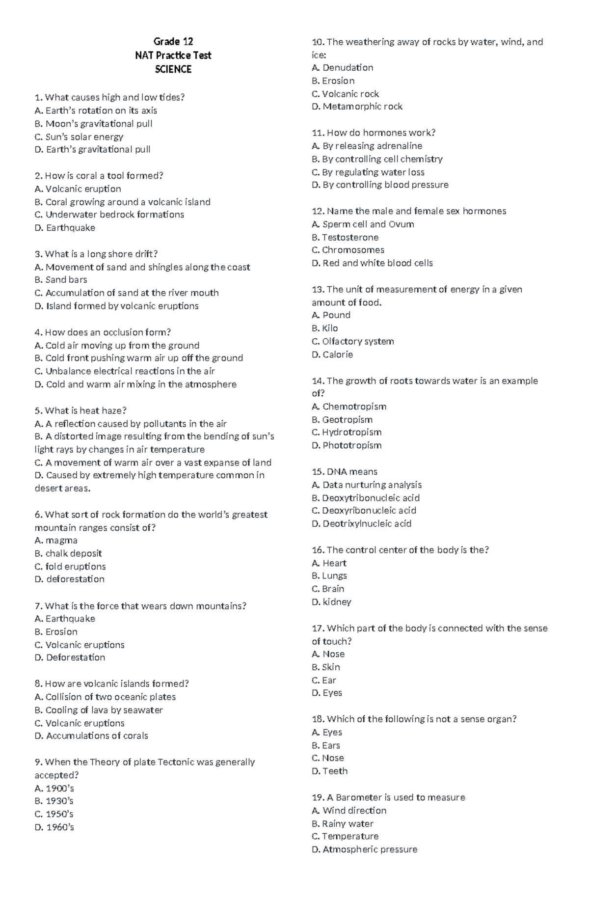 Grade 12 SCIENCE NAT Practice Test Review 2 - Studocu
