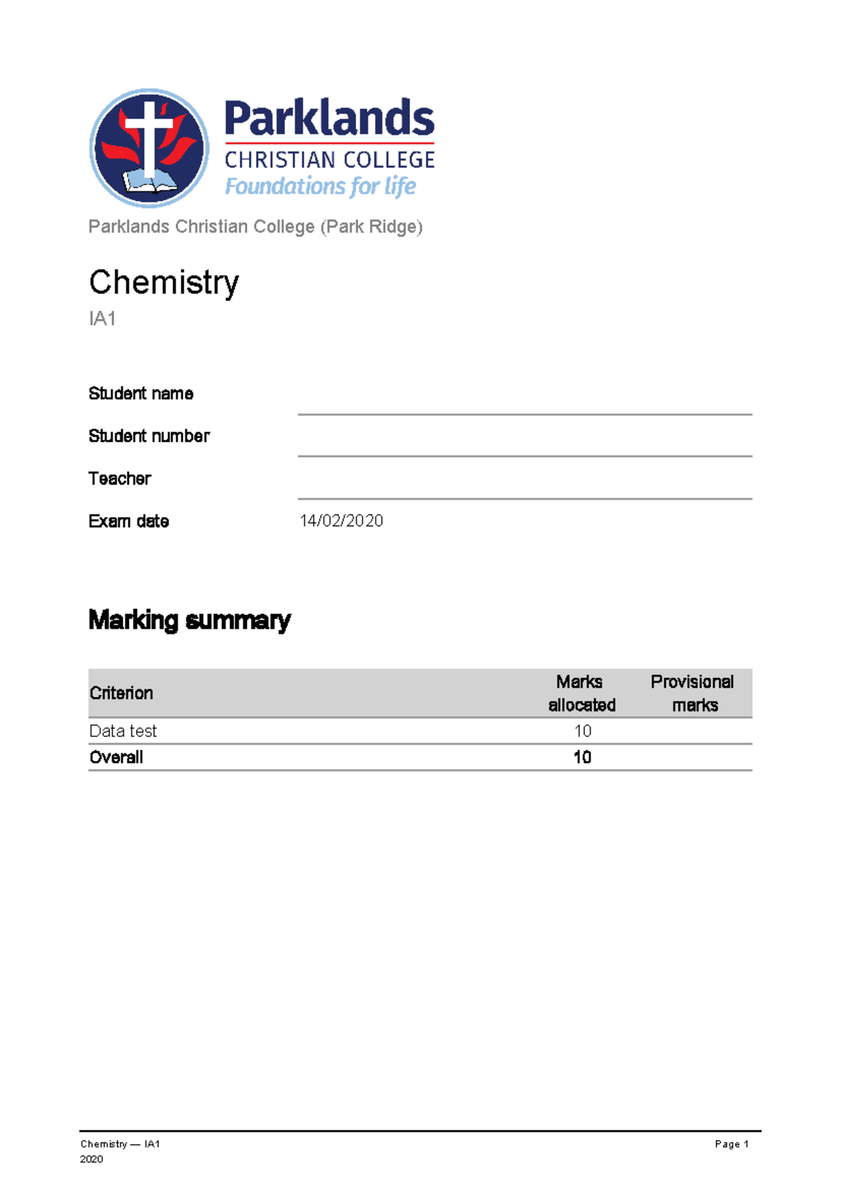 Chemistry IA Data Test Practice Test 2 2022 - Equilibrium Systems ...