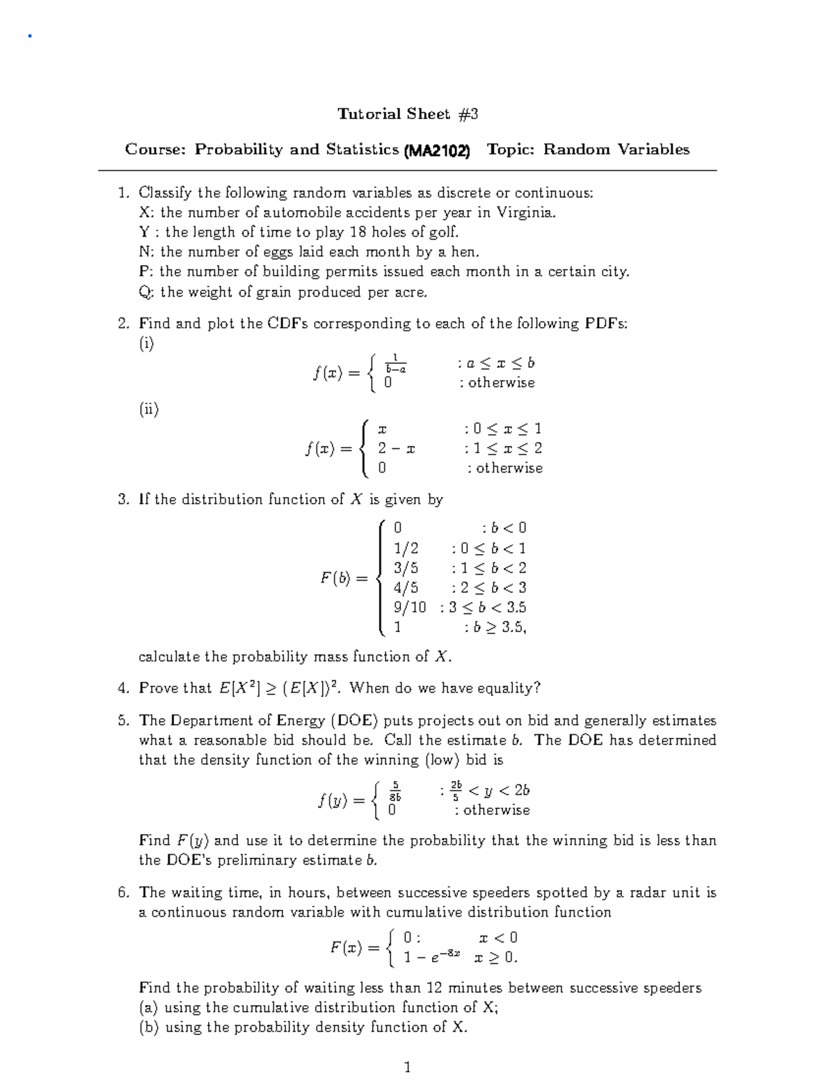 Tutorial 3 - MA2102: Random Variables & CDFs in Probability - Studocu