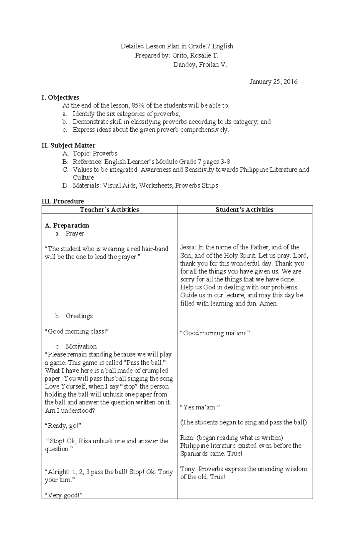 Grade 7 English Detailed Lesson Plan: Understanding Proverbs - Studocu