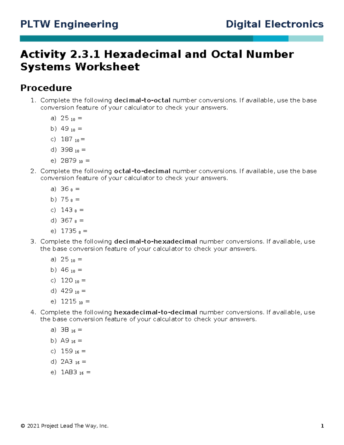 De 231 PLTW Eng. Hex/Octal Number Systems Worksheet 3 - Studocu