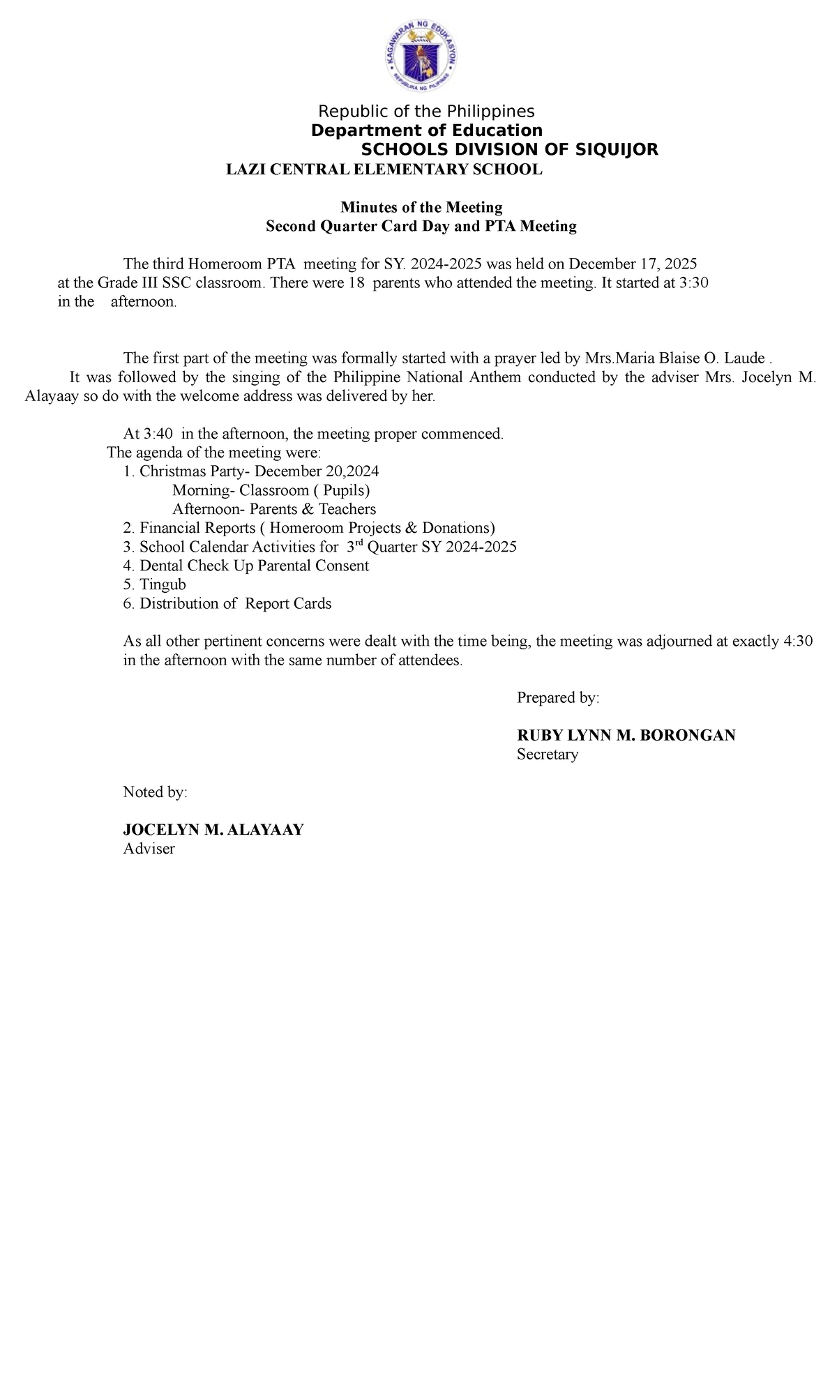 Minutes of the Meeting SY 2025: Second Quarter Card Day & PTA Meeting ...