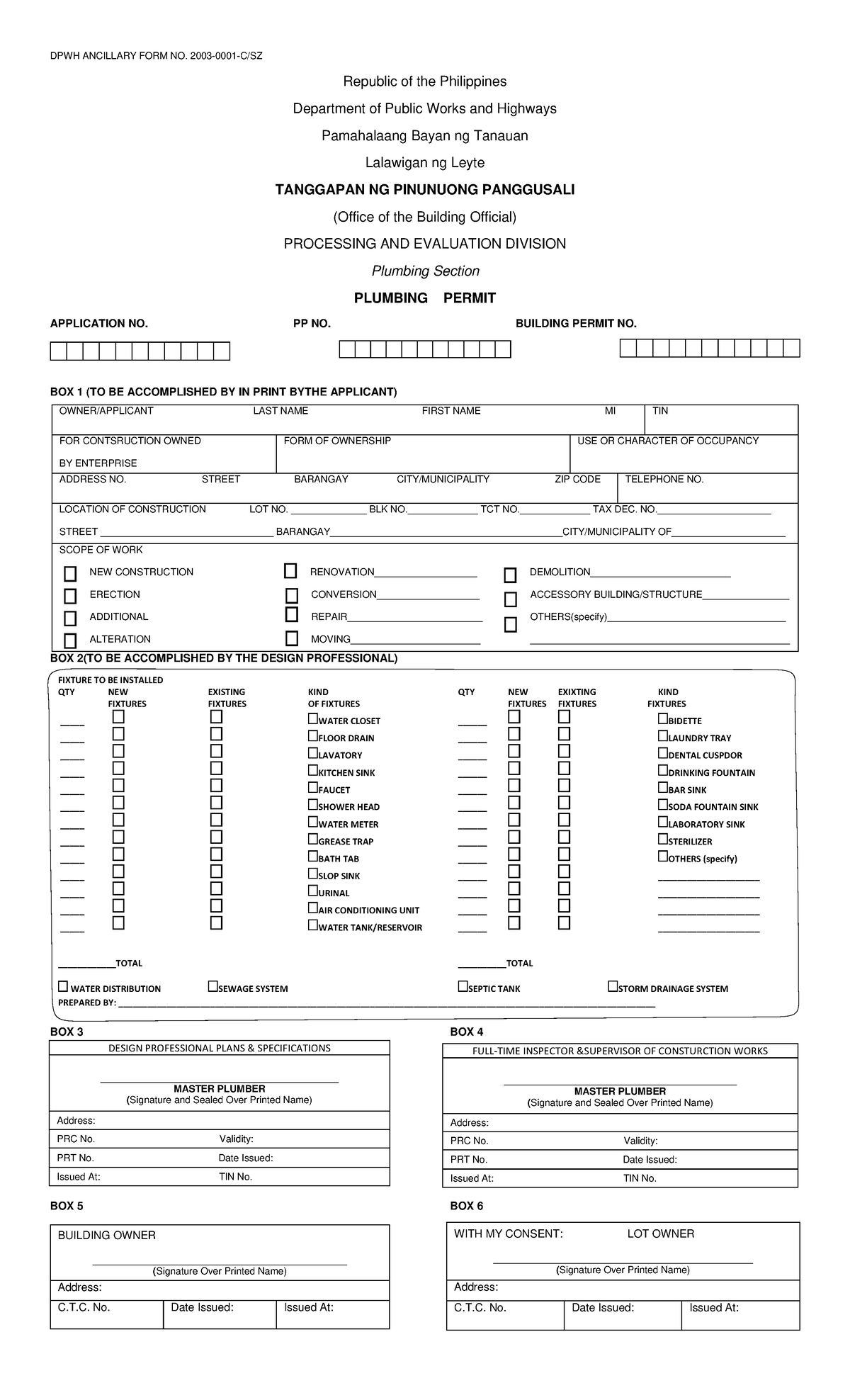 Plumbing Permit Application FORM - DPWH Ancillary Form 2003-0001-C/SZ ...