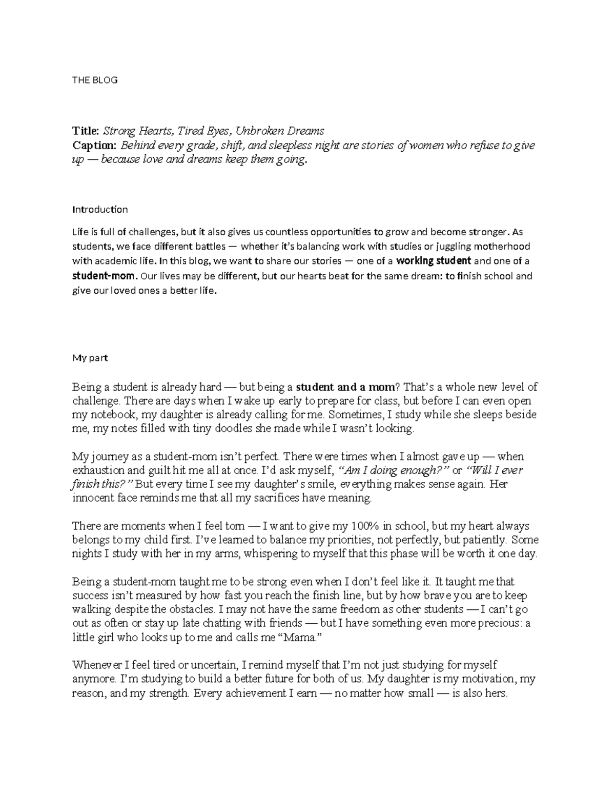 Strong Hearts, Tired Eyes: A Working Student's Journey - Studocu