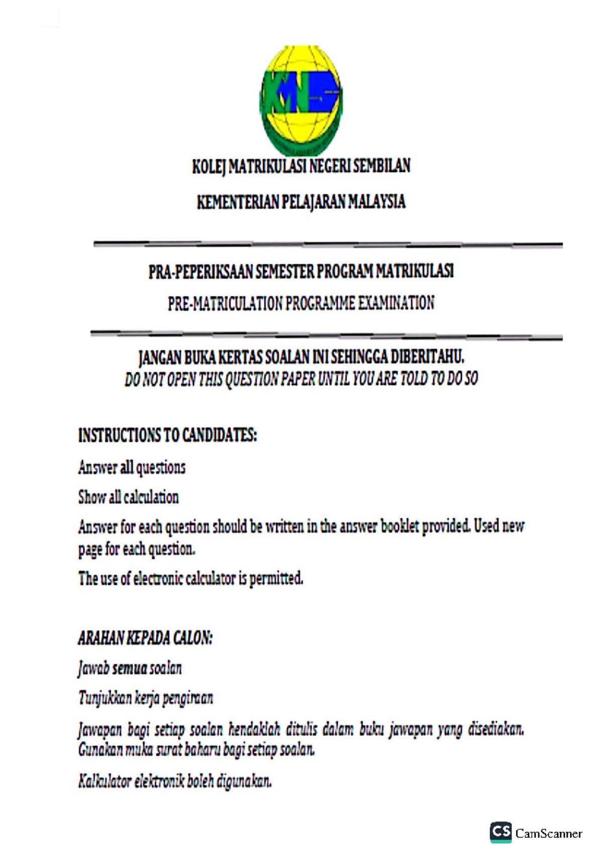 KMNS 2 - Matrikulasi Exam Paper: Financial Analysis & Costing ...