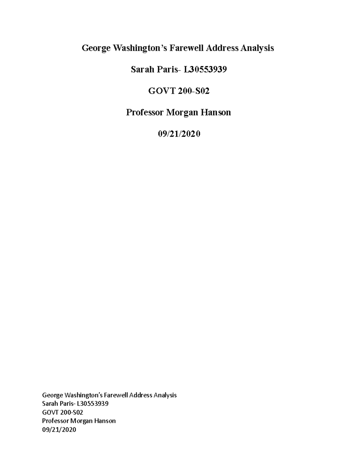 GOVT 200-S: Analysis of George Washington's Farewell Address - Studocu