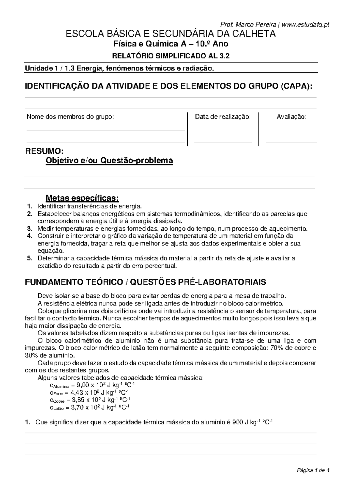 Relatório AL 3.2: Capacidade Térmica Mássica - Física e Química A 10º ...
