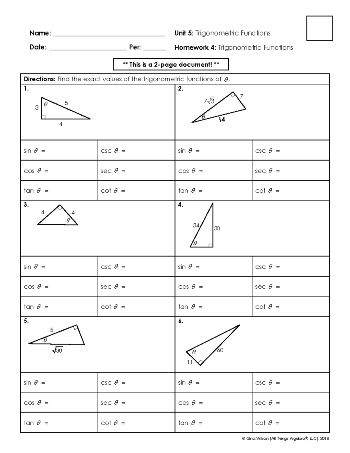 Unit 5 Trigonometric Functions Worksheet for Homework 4 - Studocu