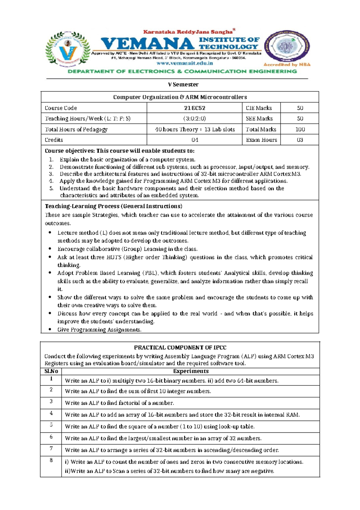 21EC52 Computer Organization & ARM Microcontrollers Syllabus - Studocu