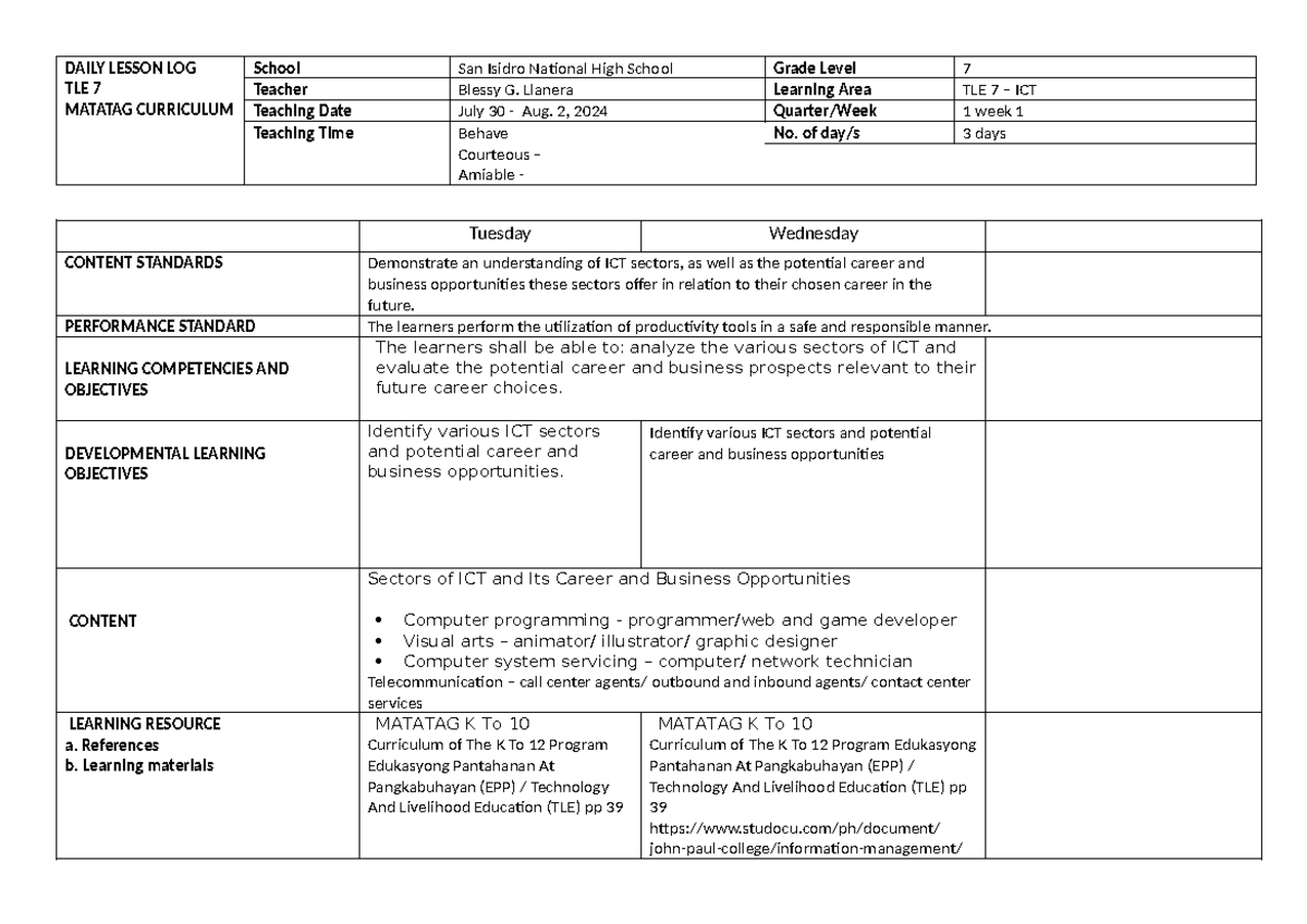 TLE 7 Daily Lesson Log: Exploring ICT Sectors & Career Paths - Studocu