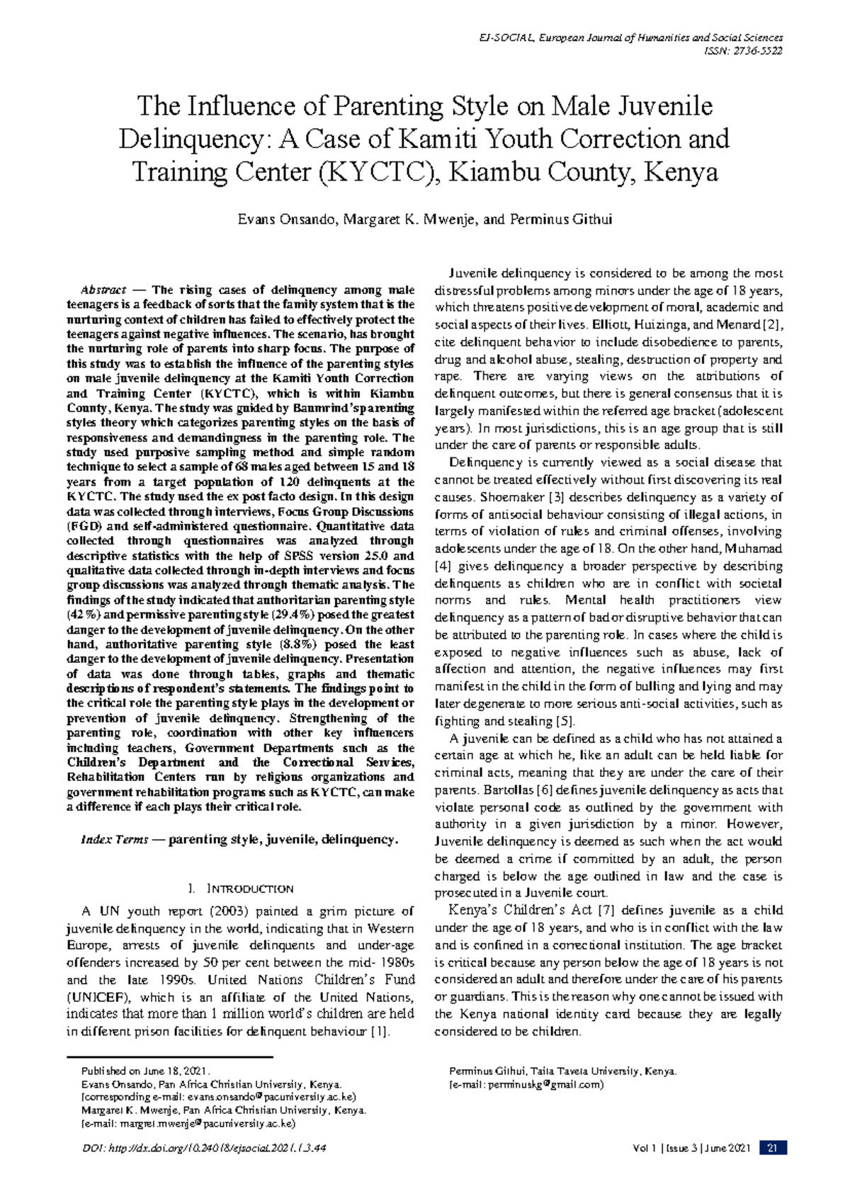 Parenting Styles and Male Juvenile Delinquency: A Case Study at KYCTC ...
