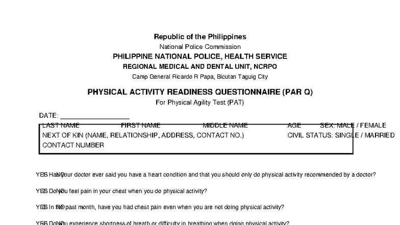 PNP PHYSICAL ACTIVITY READINESS QUESTIONNAIRE (PARQ) for PAT - Studocu