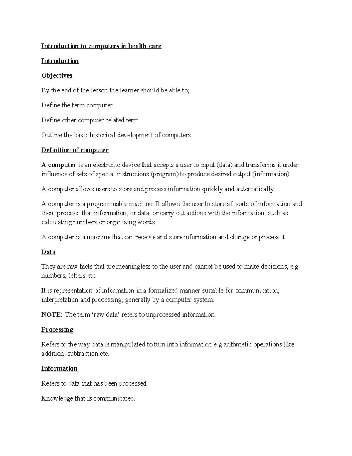 Introduction to Computers in Health Care: Concepts & Generations Overview - Studocu