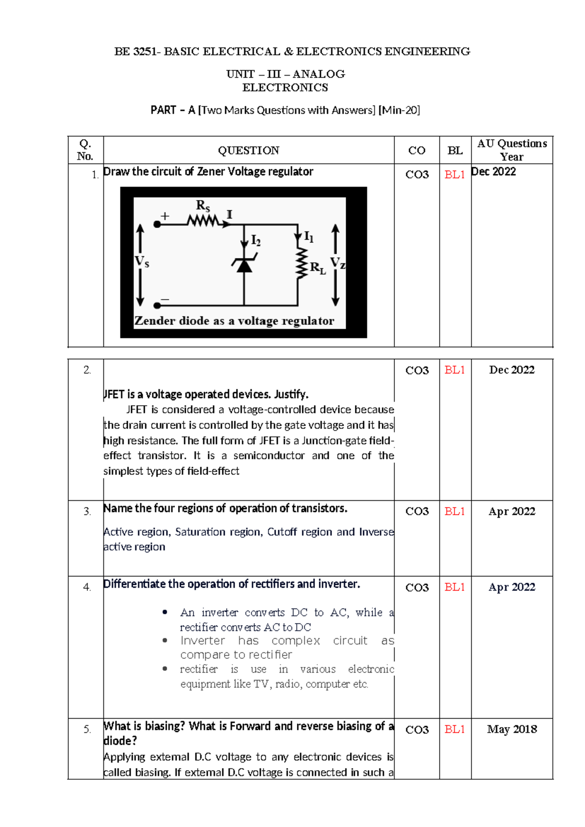 BEEE U3 & U4 Important Topics: Analog Electronics Q&A - Studocu