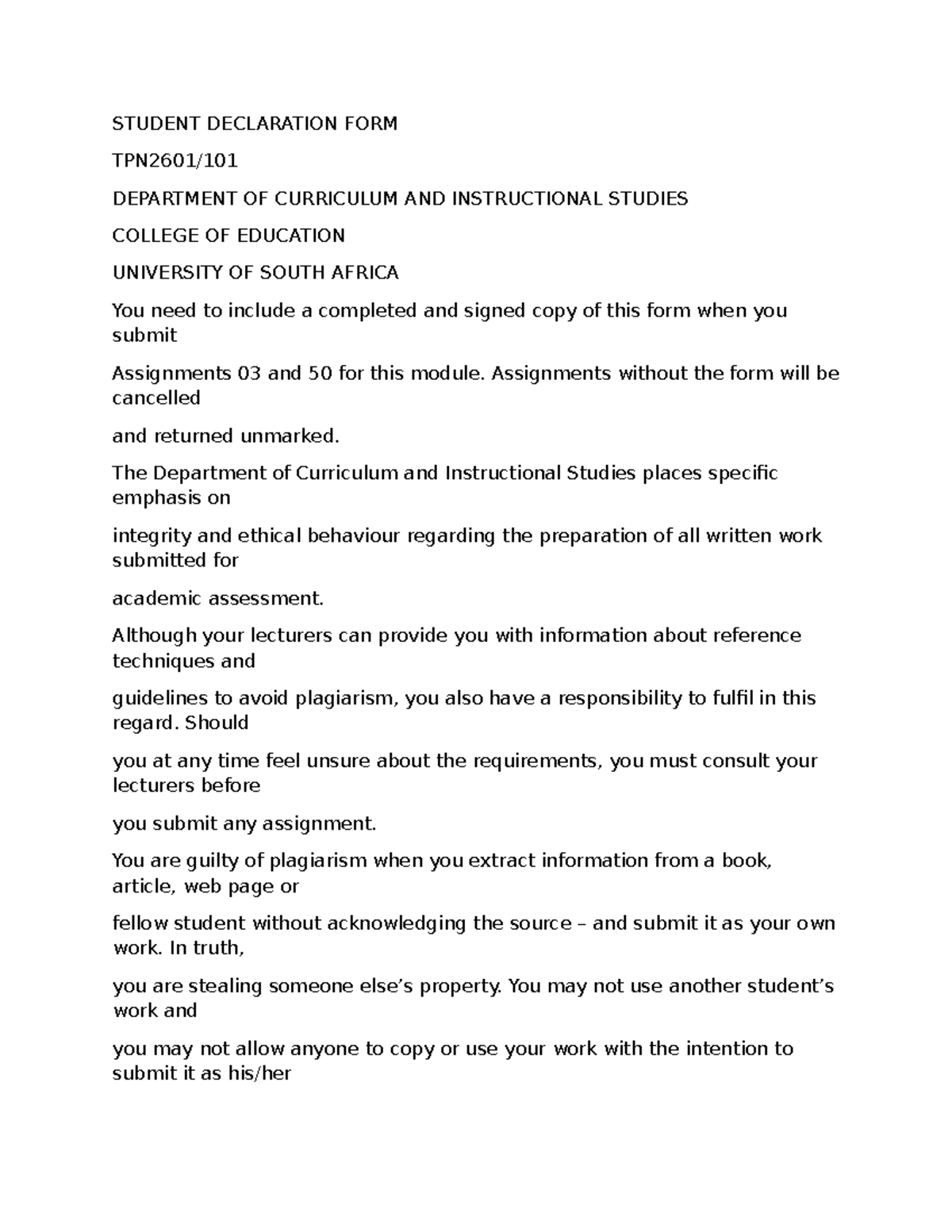 Tpn Declaration Form for Assignments 03 & 50 - Curriculum Studies - Studocu