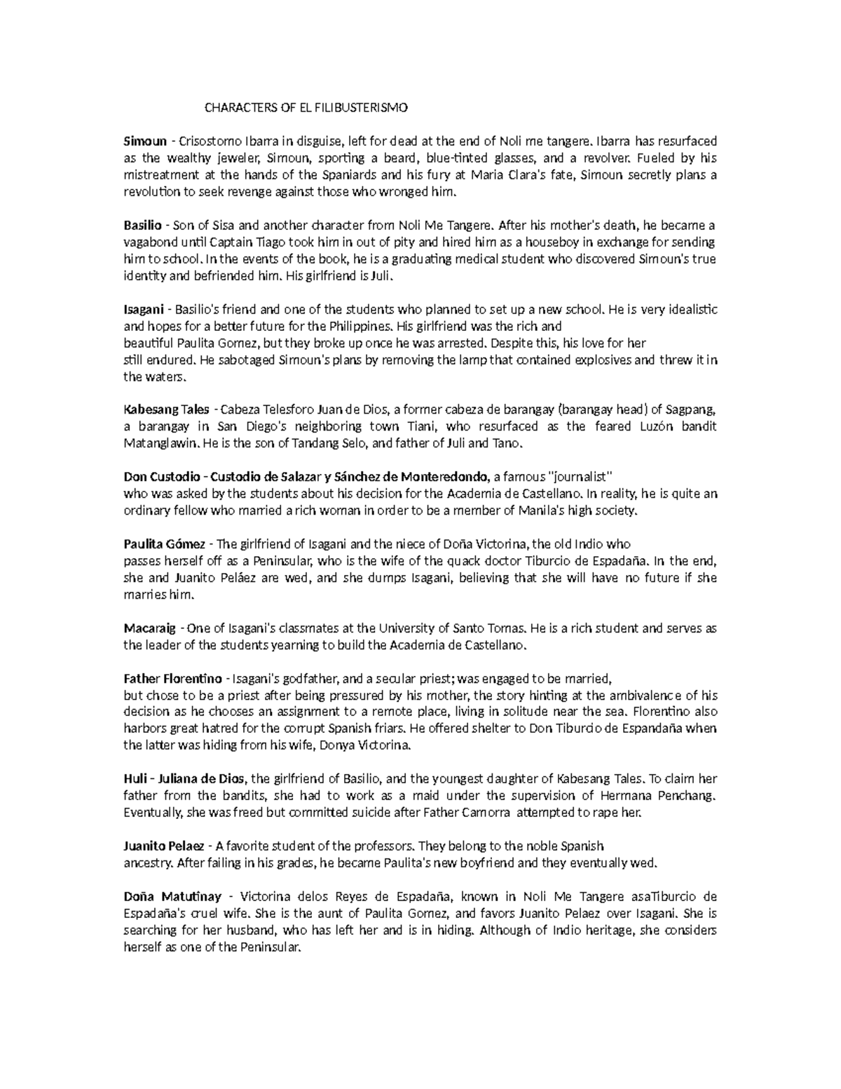 El Filibusterismo: Key Characters and Their Roles - Studocu