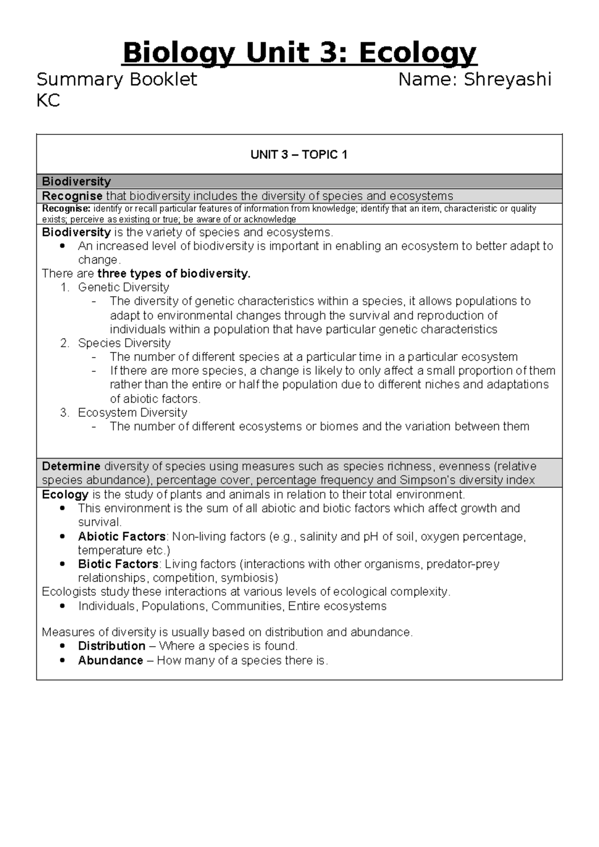Biology Unit 3: Ecology Summary Notes and Key Concepts - Studocu