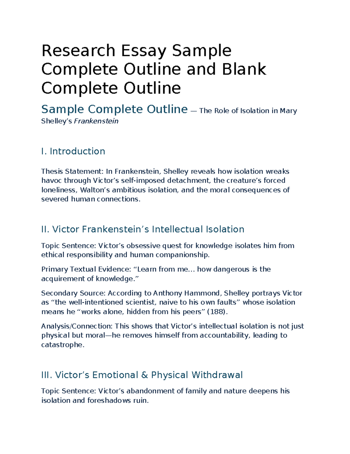 Research Essay Outline: The Role of Isolation in Frankenstein - Studocu