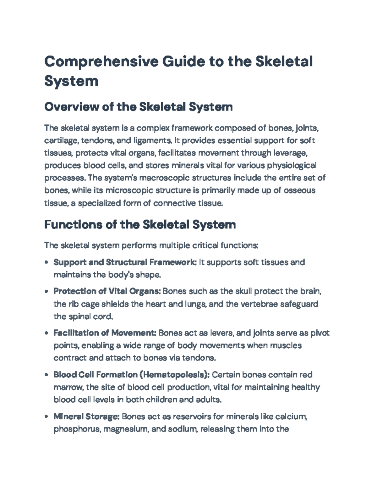 Comprehensive Overview of the Human Skeletal System: Functions & Structures - Studocu
