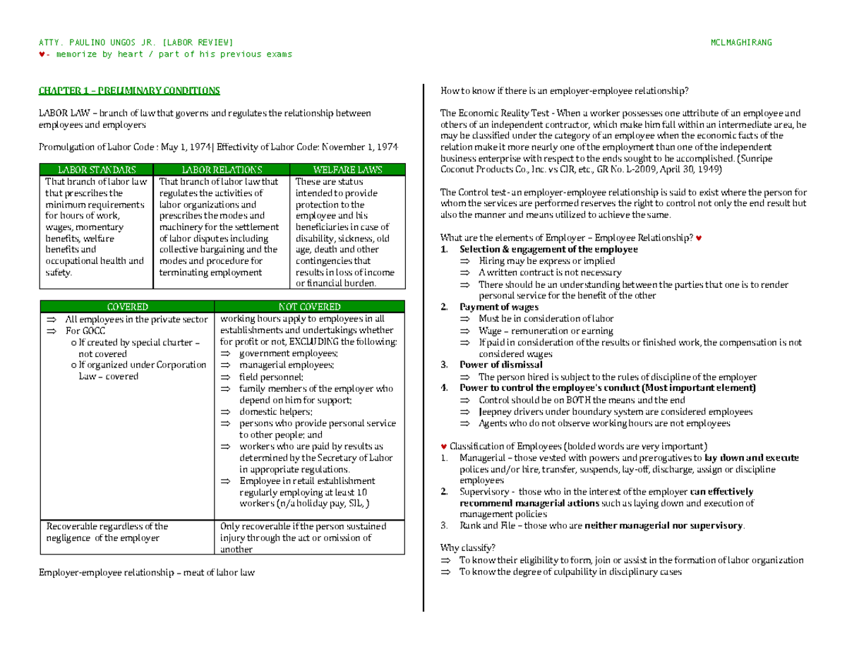 Labor Law Reviewer: Key Concepts and Exam Notes (Final Exam) - Studocu