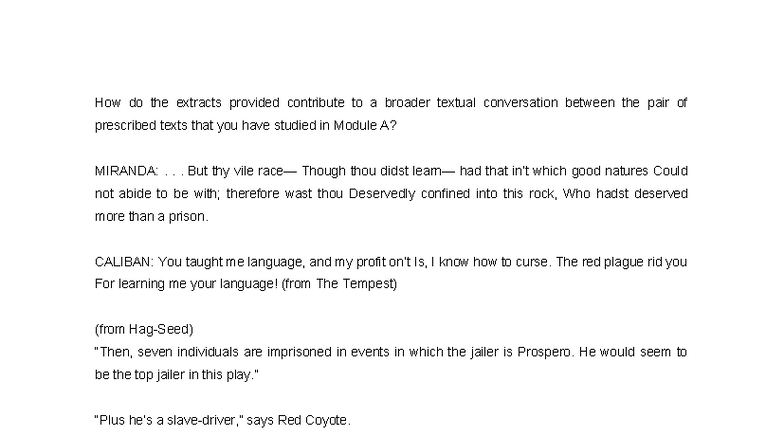 Mod A Essay Textual Conversations In The Tempest Hagseed Studocu