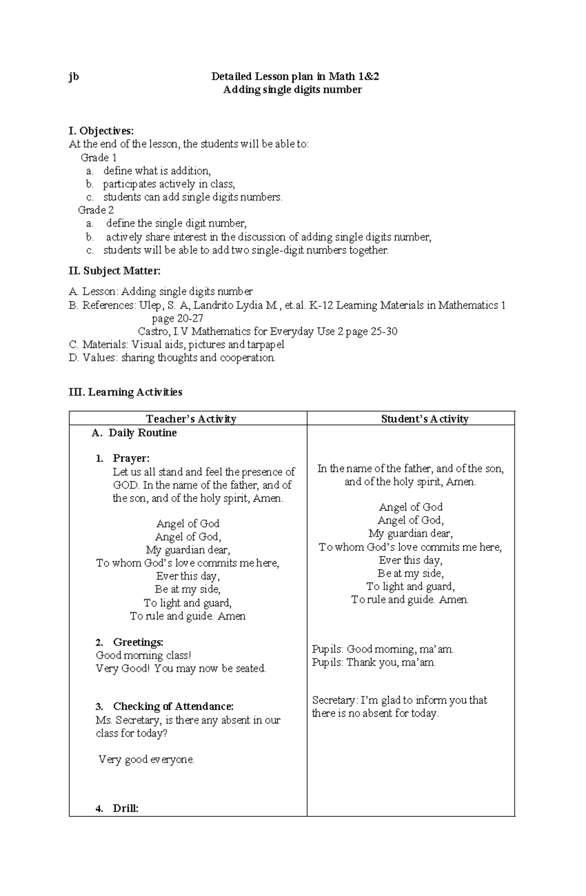 Math 1 Detailed Lesson Plan: Adding Single-Digit Numbers - Studocu