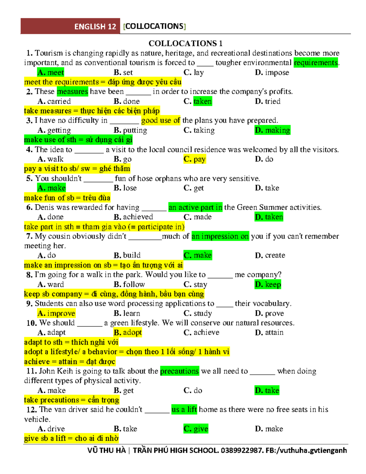 E12 Collocations Practice Exercises 1-100 KEY - Studocu