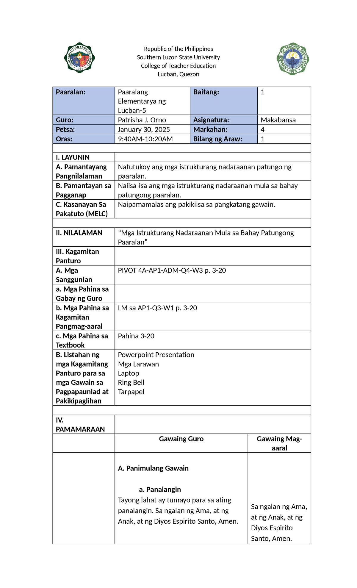 Makabansa 6TH DLP: Sample Detailed Lesson Plan for Grade 1 - Studocu