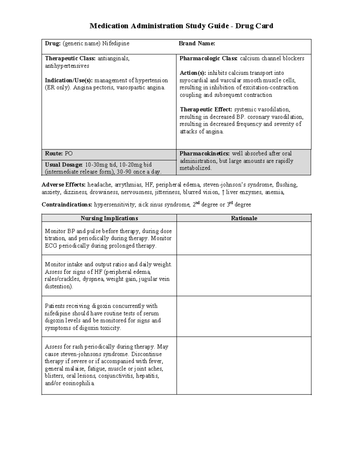 Nifedipine Study Guide: Key Info on Administration & Effects - Studocu