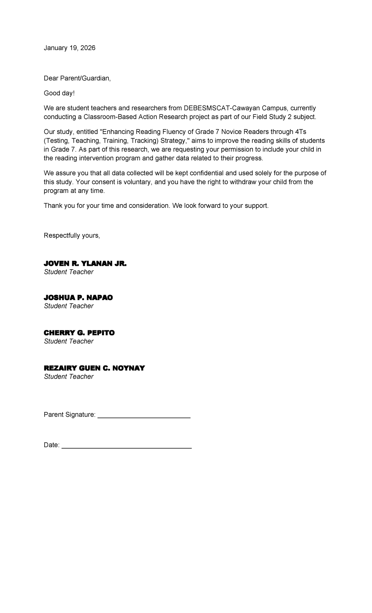 Field Study 2: Parent Consent for Action Research on Reading Fluency ...