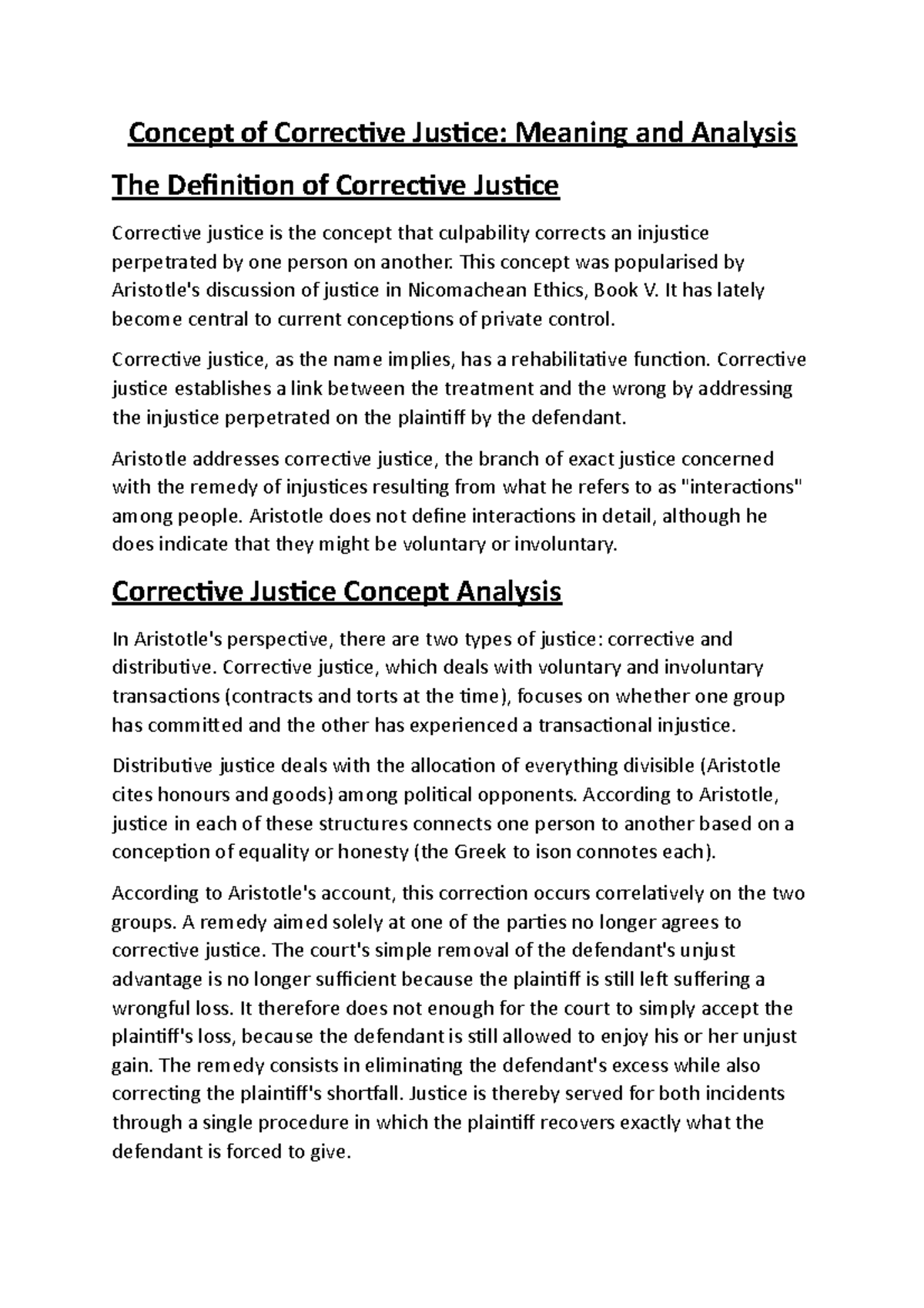 Corrective Justice Concept Analysis: Insights and Definitions - Studocu