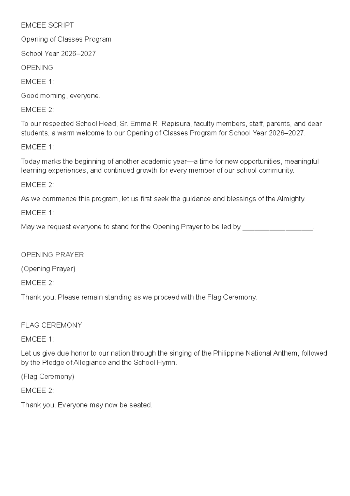 EMCEE SCRIPT: Opening of Classes Program for SY 2023-2024 - Studocu